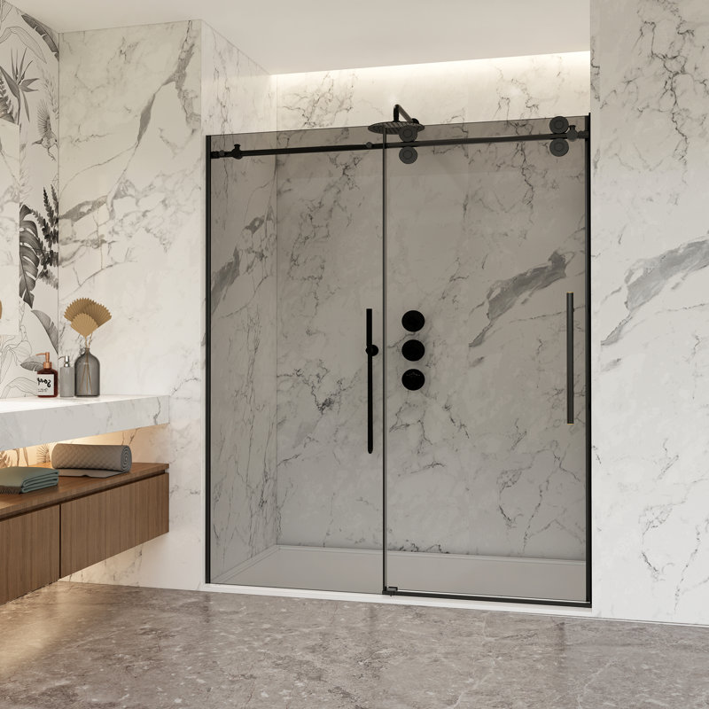 Vinnova Echarri 68" W x 78" H Single Sliding Frameless Shower Door in Matte Black | Wayfair